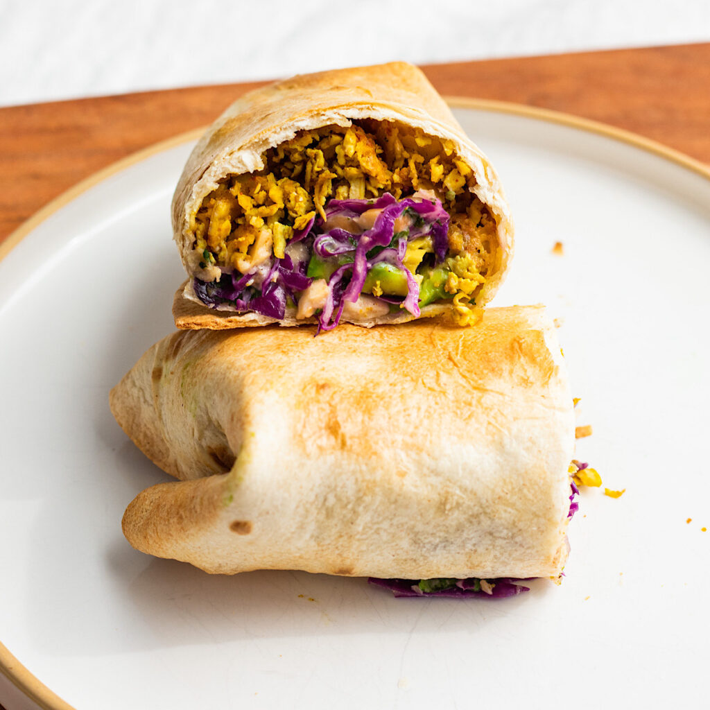 Curry Shredded Tofu Burrito with cabbage slaw (vegan) - Avocado Skillet