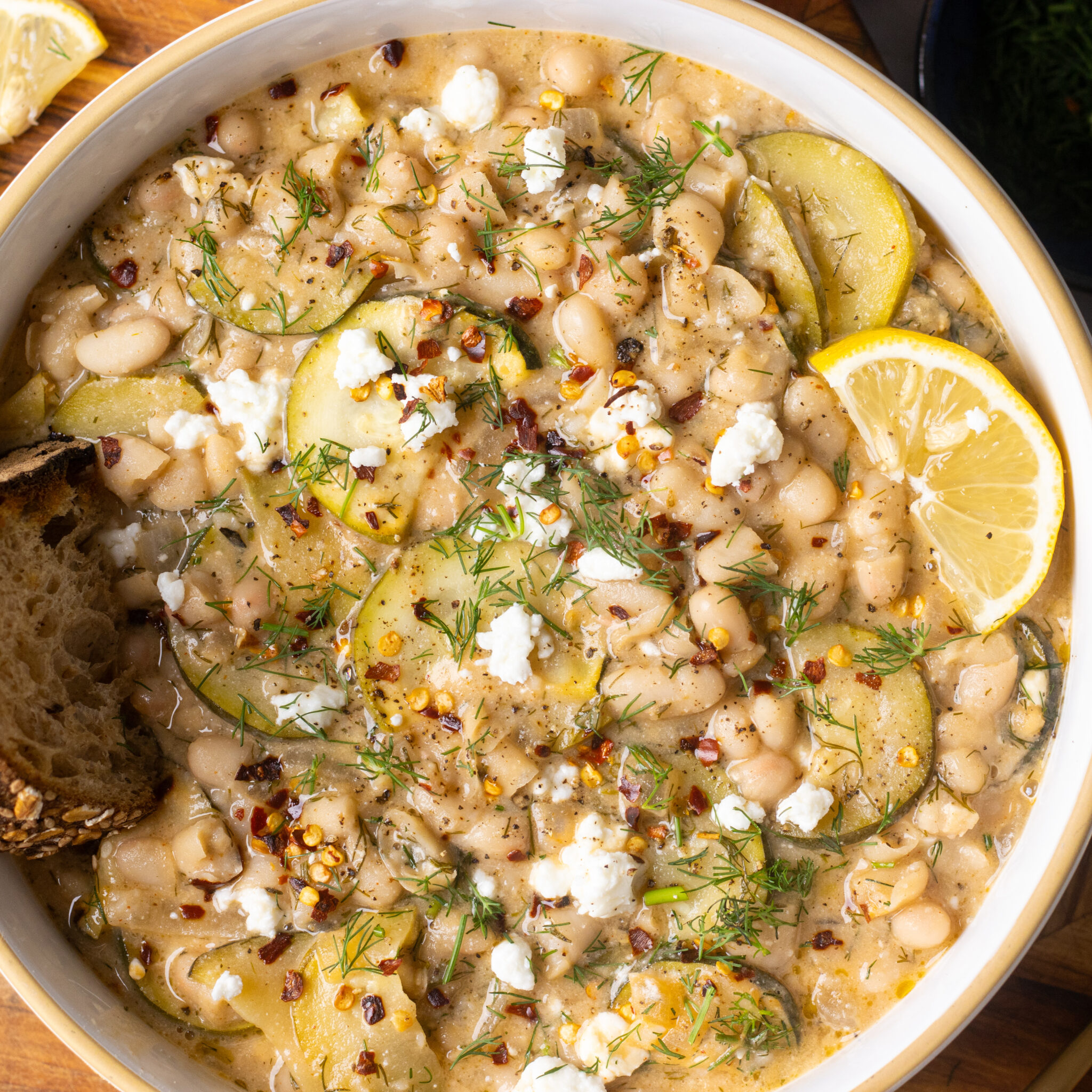 One Pot Lemon Feta Beans with Zucchini - Avocado Skillet